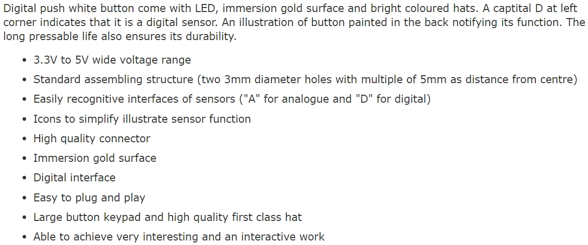 DFROBOT WHITE CAP PUSH BUTTON MODULE FOR ARDUINO - DFR0029-W מוצרי פיתוח לאלקטרוניקה